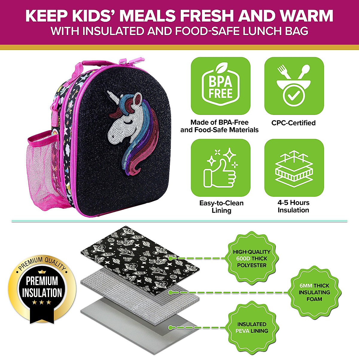 Decorably Insulated Hard Top Sequined Glittery Unicorn Girls Lunch Boxes for School, Easy-to-Clean Kids Lunch Bag with 2 Main Compartments and Water Bottle Holder