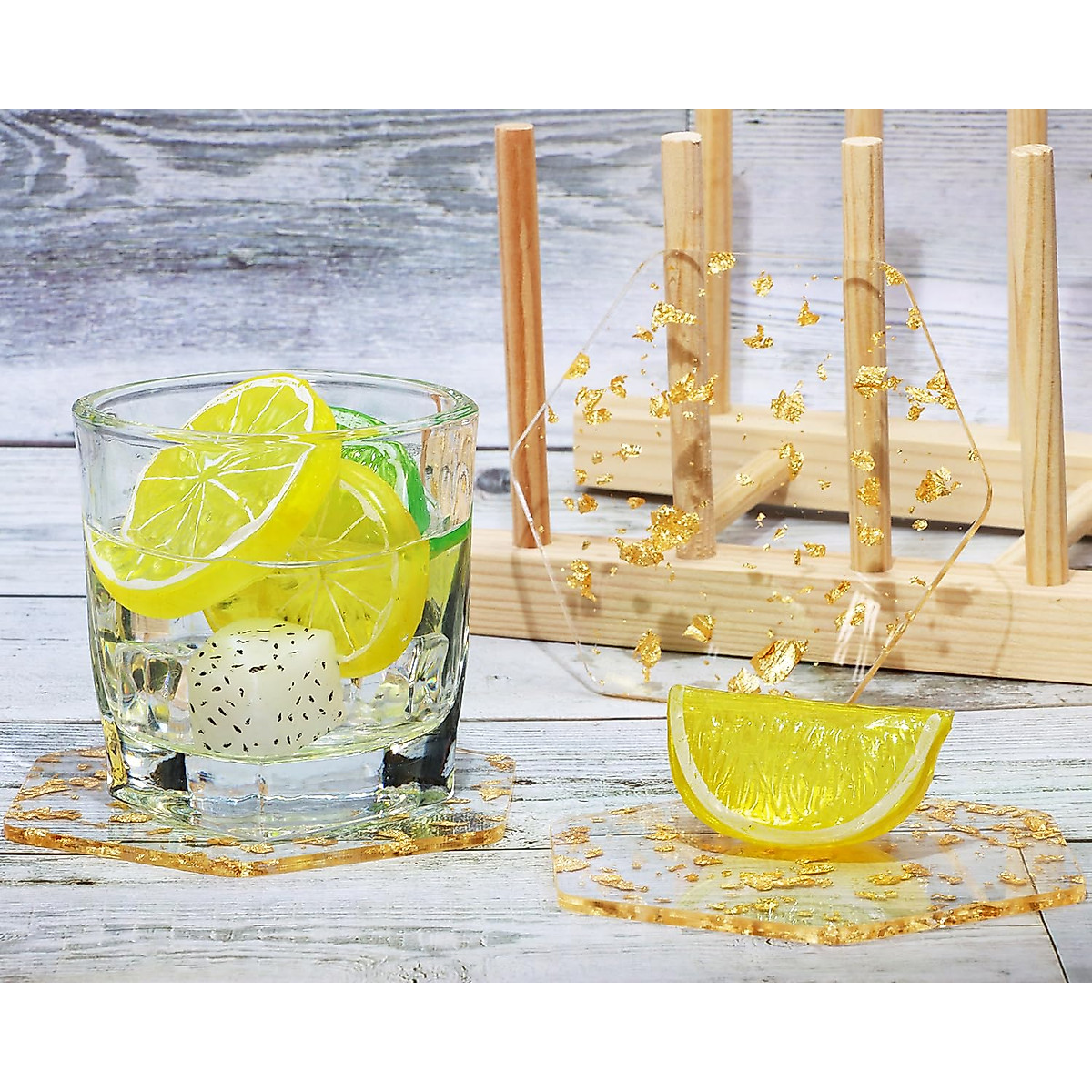 Mini Skater 3pcs Clear Acrylic Bar Coaster Gold Foil Modern Cup Drink Mat Plate Creative Rug Mug Pad for Table Countertop Desk Cold Hot Drink Coffee Tea Kitchen Home Decor (Modern Hexagon)