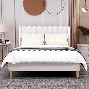 AGARTT Upholstered Platform Bed Frame Full Size with Headboard and Footboard/Wooden Slats Support/No Box Spring Needed/Easy Assembly, Beige Velvet