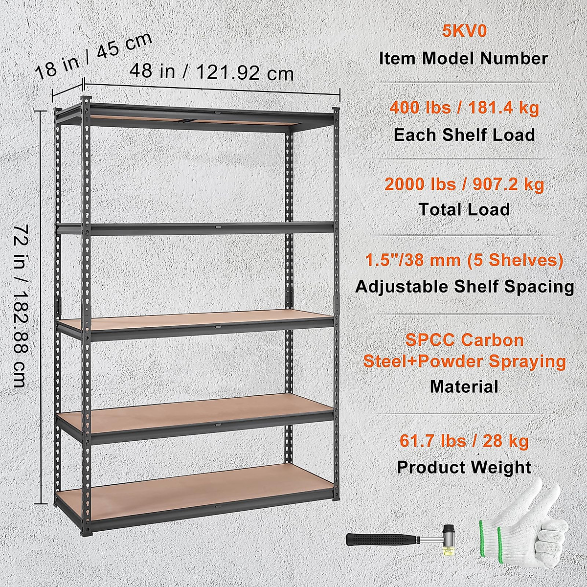 VEVOR Storage Shelving Unit, 5-Tier Adjustable, 2000 lbs Capacity, Heavy Duty Garage Shelves Metal Organizer Utility Rack, Black, 48" L x 18" W x 72" H for Kitchen Pantry Basement Bathroom Laundry
