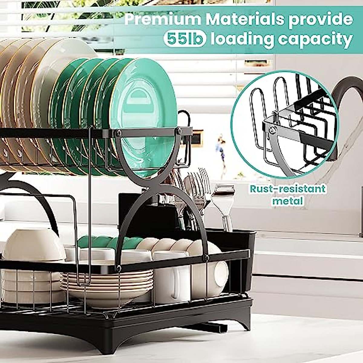 Elerator Dish Drying Racks for Kitchen Counter, Large 2 Tier Dish Rack with Drainboard, Rust-Proof Metal Dish Drainers with Detachable Cup Holder, Cutlery Holder, Cutting Board Holder.