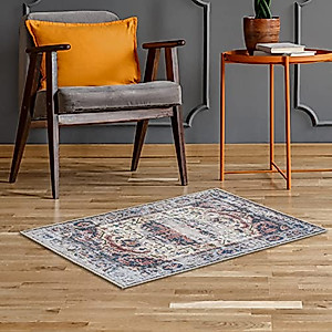 RUGSREAL Small Area Rug 2x3 Indoor Outdoor Door Mat Machine Washable Rug Distressed Retro Accent Rug Foldable Vintage Area Rug for Living Room Bedroom Kitchen Dining Room, 2' x 3' Blue/Red