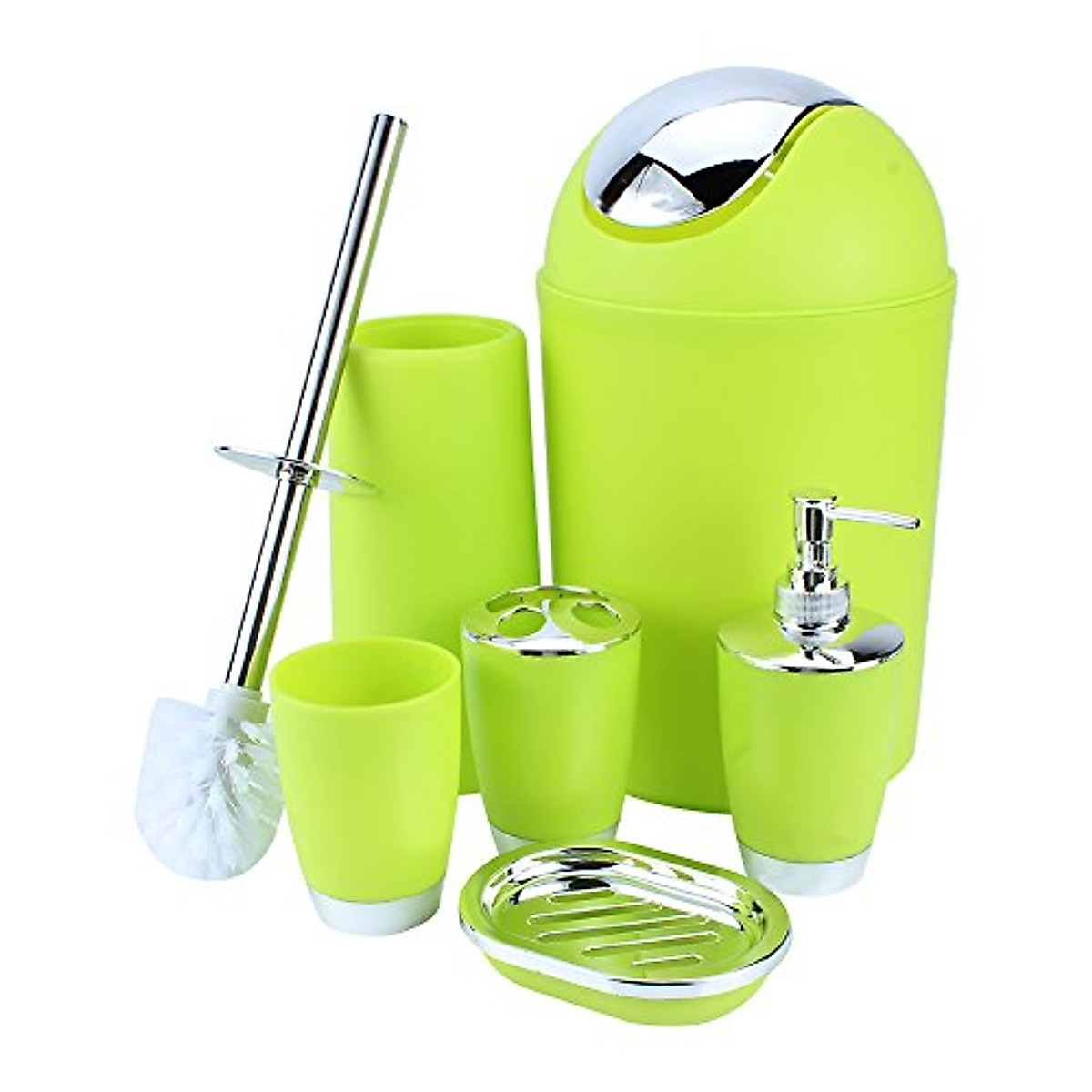6 Piece Bathroom Accessories Set, Plastic Bath Ensemble Bath Set Lotion Bottles Toothbrush Holder Tooth Mug Soap Dish Toilet Brush Trash Can Decorative Bath Accessory Kit, Green