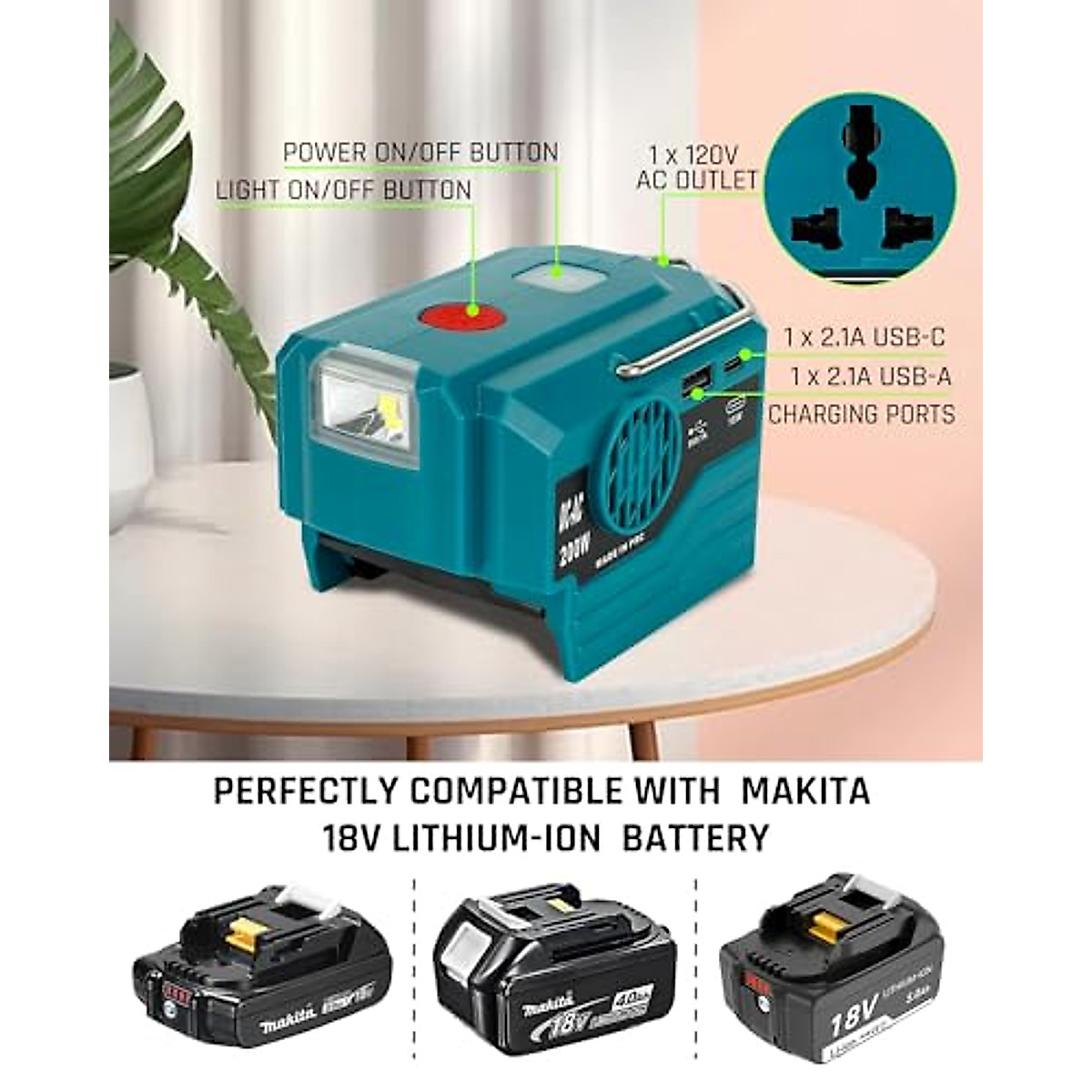 200W Power Inverter for Makita 18V Battery,DC 18V to AC 110-120V Portable Power Station with 1 USB Port, 1 USB-C Port,280lm LED Light for Outdoors Camping Travel Hunting Emergency(Tool Only)