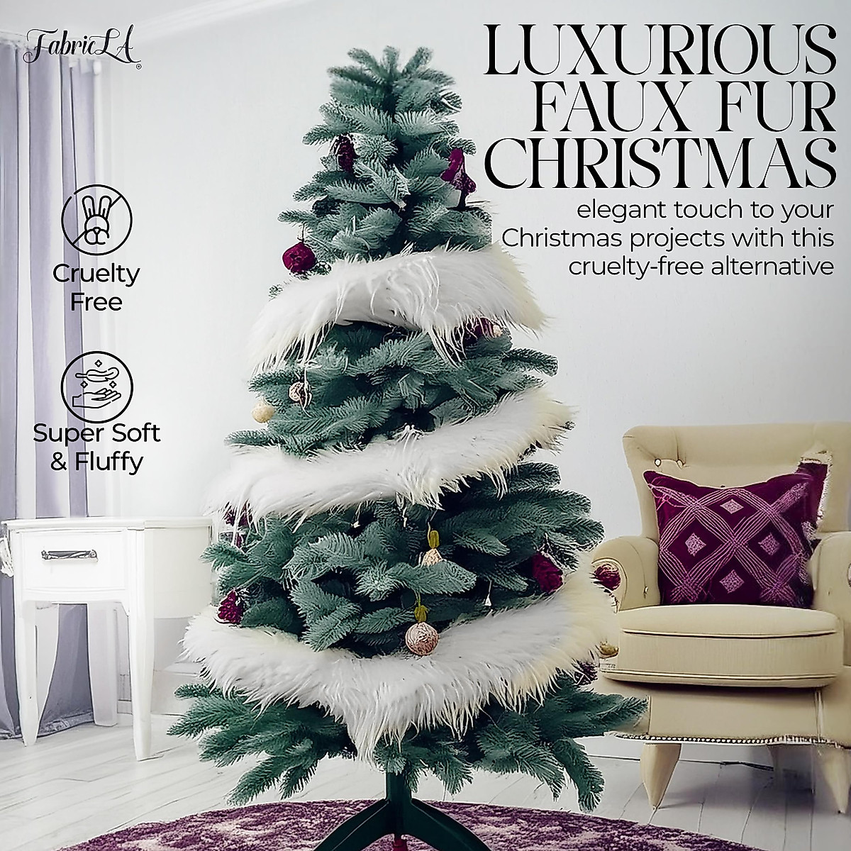 FabricLA Fur | Faux Fur Fabric | White Fur Ribbon Trim Fabric - 3" Wide x 36" Long (3 FT) Fake Fur Fabric - Soft Christmas White Faux Fur for Crafting, Sewing, and Decorating, Fur Trim Fuzzy Fabric