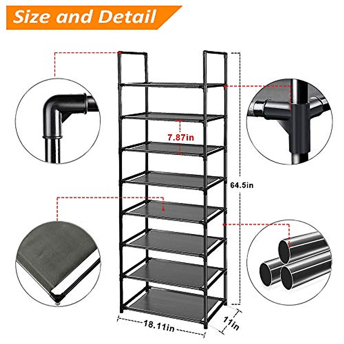 Been5le 8-Tier Shoe Rack Storage Organizer, Sturdy and Durable Shoes Shelf Stores up to 16 Pairs (Black)
