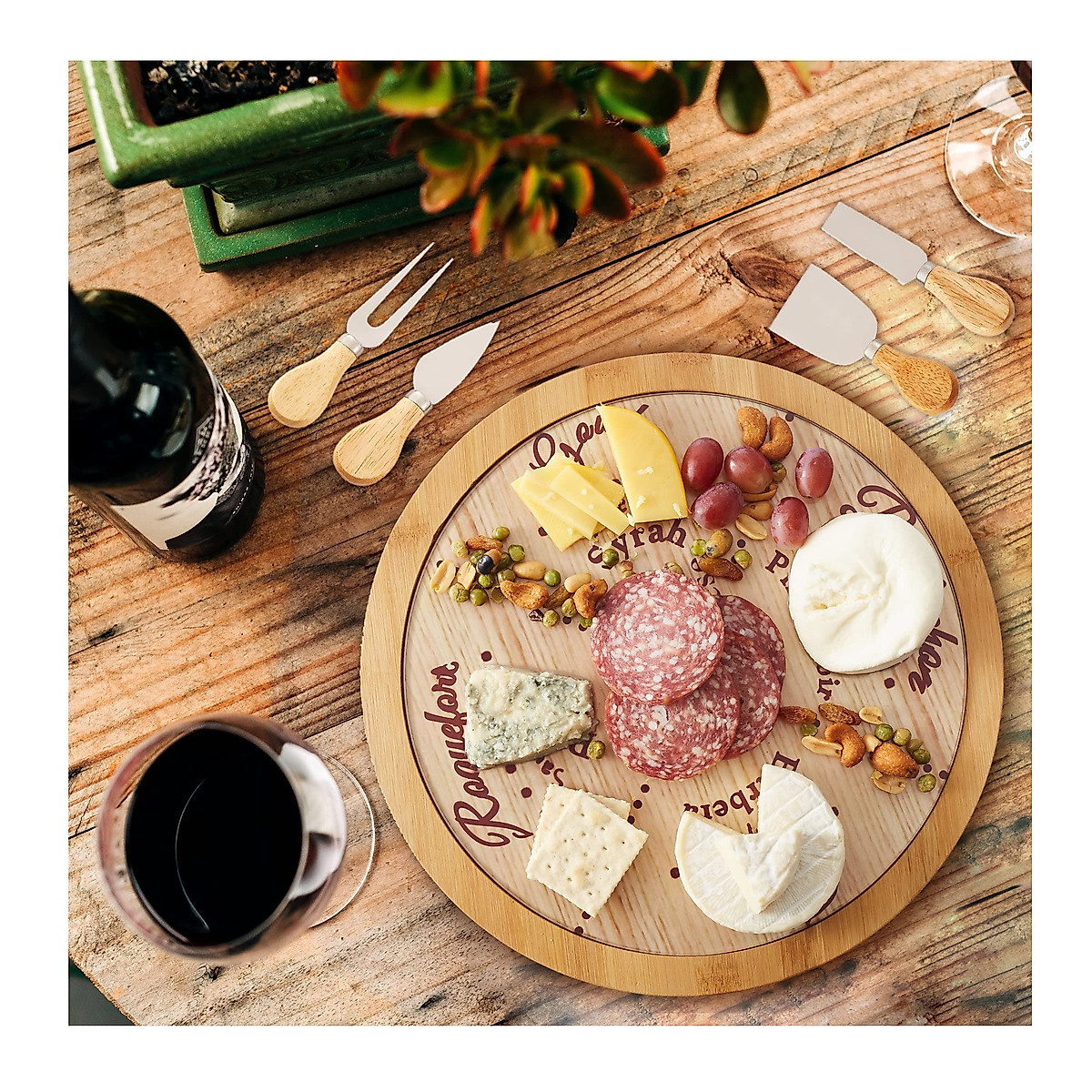 Lazy Susan Cheese Board with Cutlery Premium Bamboo Turntable Charcuterie Board - Unique Rotating Cheese Wine Pairing Platter Gift Set