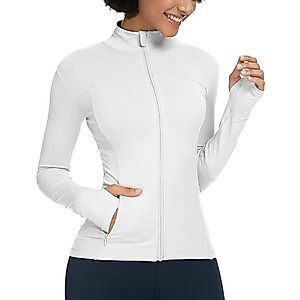QUEENIEKE Womens Sports Jacket Turtleneck Slim Fit Full-Zip Running Top Size M White