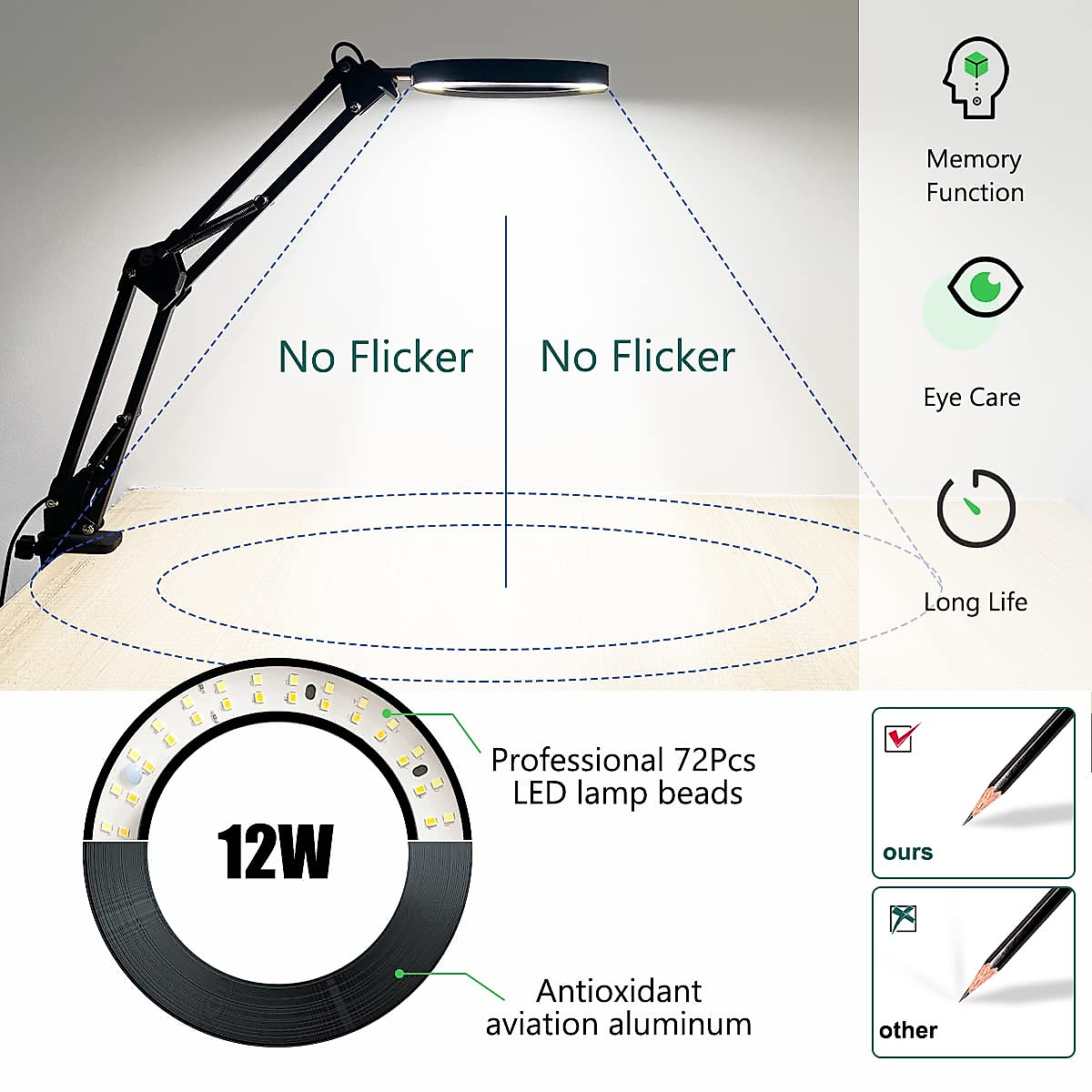 10X Desk Magnifying Glass with Light, 72LED 12W Magnifying Lamp, Magnifying Work Light, 3 Color Modes Stepless Dimmable Craft Lamp, Magnifying Glasses with Light for Close Work Reading Repair