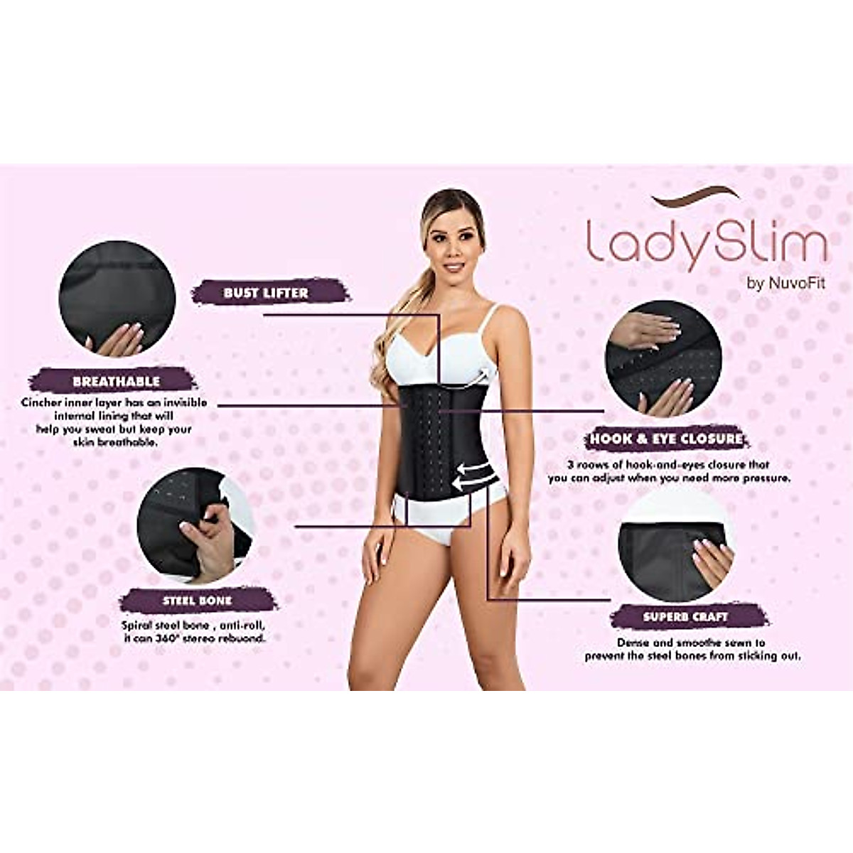 Lady Slim Fajas Colombianas Reductoras Y Moldeadoras para Mujer Underbust Latex Waist Trainer Hourglass Body Shaper for Women Black V2 XS