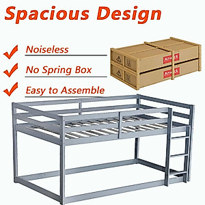 Anwick Twin Over Twin Low Bunk Bed with Stairs and Rails, Wooden Bunk Beds Frame with Safety Guardrail and Slats for Toddlers, Kids, Teens, Boys, Girls, Noise-Free (Grey)