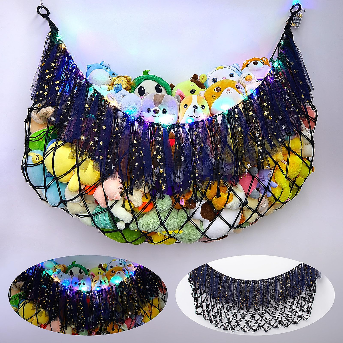 Basumee Stuffed Animals Net or Hammock with LED Light Wall Hanging Stuffed Animals Storage Large Plushie Toy Net for Stuffed Animals Hammock Room Décor with Tassels for Nursery Play Bedrooms Kids Room