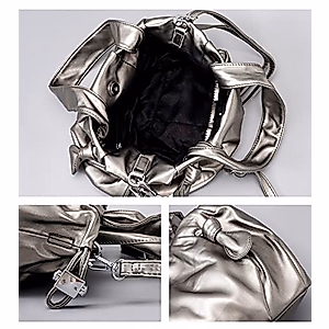 Soft Leather Tote Shoulder Bag For Women,Metal Gray Drawstring Tote Bag,Casual Simple Messenger Bag