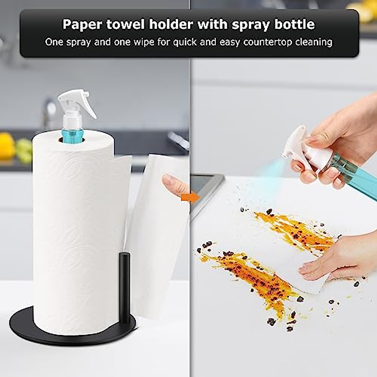 SOAMOEU Paper Towel Holder with Spray Bottle, Stainless Steel Countertop Paper Towel Holder, One-Handed Operation Kitchen Paper Towels Holder with Non Slip Weighted Base (Black)