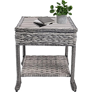 Generic Wicker Patio Side Table with Top - Multipurpose Outdoor End Table for Balcony, Porch, and Backyard Settings with 2-Tier Storage Shelf (Wooden Top), Grey, BZ001