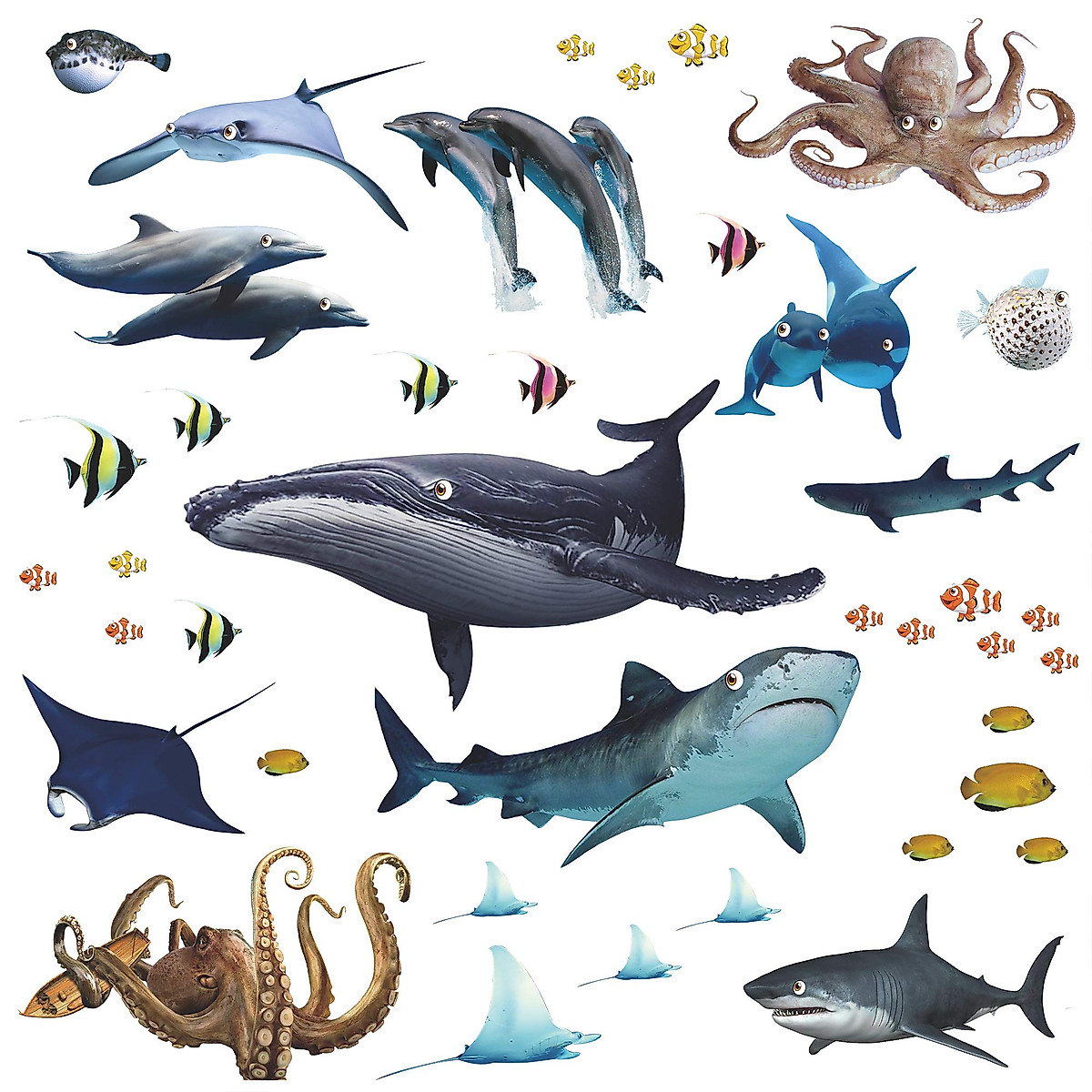 Removable 3D Removable Under The Sea Fish Wall Sticker DIY Ocean Animals Wall Decals Whale, Shark, Squid Wall Decor Peel and Stick Art for Kids Room Baby Bedroom Nursery Boy and Girls