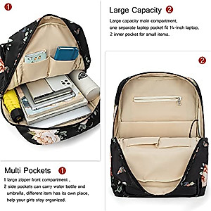 LEDAOU School Backpack for Teen Girls Women Bookbag School Bag 15.6 inch Laptop Backpack Daypack for School Travel (Floral Black-2)