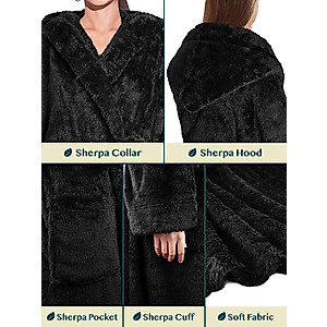 PAVILIA Women Hooded Plush Soft Robe | Fluffy Warm Fleece Sherpa Shaggy Bathrobe (L/XL, Black)