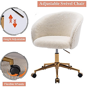White Modern Faux Fur Home Office Chair, Upholstered Round Fluffy Chair Makeup Vanity Chair for Teen Girls Swivel Desk Chair with Gold Base, 3'' Adjustable Height Leisure Elegant Office Chair