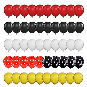 GREMAG Red Yellow Black Balloons, 12inch Black Yellow Red White Polka Dot Balloon Kit with Ribbons, 60 Pcs Latex Balloons for Cartoon Mouse Theme Party Birthday Baby Shower Anniversary Graduation
