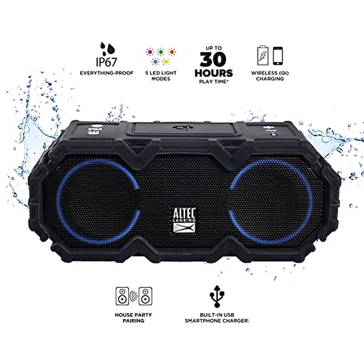 Altec Lansing LifeJacket Jolt - Waterproof Bluetooth Speaker, Durable & Portable Speaker with Qi Wireless Charging and Voice Assistant, Black w/Lights