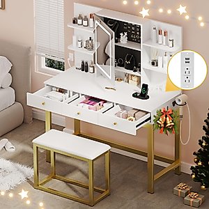 DWVO 39.5 W Vanity Desk Set, Makeup Table with LED Lighted Mirror and Power Outlet, Adjustable 3 Lights Modes, Vanity Table with Stool and Hidden Storage Shelves, 3 Drawers with for Girls Gift, White