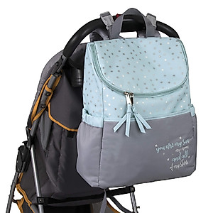 Baby Essentials Diaper Bag Backpack 5 Piece Set with Sun, Moon, and Stars, Wipes Pocket, Stroller Straps, Dirty Diaper Pouch, Changing Pad (Grey/Blue Backpack)
