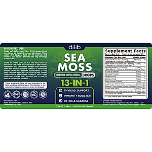 dilib Irish Sea Moss Liquid Drops: 4000mg, Organic Bladderwrack, and Burdock Root, Spirulina, Thyroid Support, Support for Digestion and Skin, Joint Health, Herbal Supplements-2 Fl Oz, Vegan