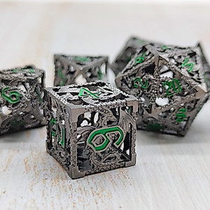 DND Dice Set Dungeons and Dragons Metal D&D Dice Polyhedral Dice Set RPG MTG Pathfinder Shadowrun Roleplaying Dice Games Gifts Accessories D N D Hollow Dice D20 D12 D10 D8 D6 D4, Black Nickel Green