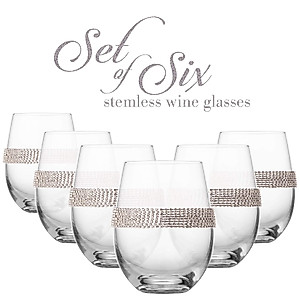 Cheer Collection Berkware Set of 6 Luxurious Stemless Wine Glasses with Sparkling Diamond Studded Design (Silver)