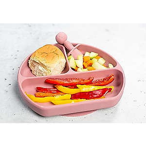 BabyBeesKnees Baby led weaning supplies-complete starter set-Silicone feeding set-suction bowl space saving suction plate self feeding spoons-easy to use solid food eating set 6+months (Dusty Rose)