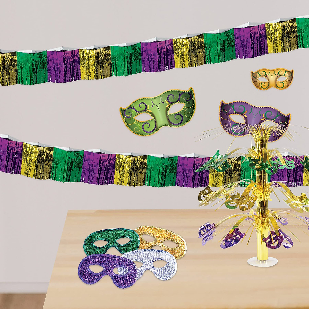 Beistle Mardi Gras Metallic Plastic Fringe Drape for Sidewalk Awnings Street Festivals Parade Float Decorations Party Supplies, 12" x 12", Gold/Green/Purple