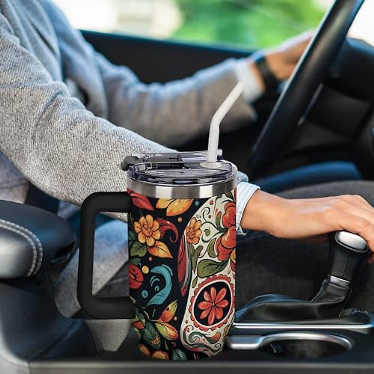 HJUQNGF 40 Oz Personalized Tumbler with Handle And Straw Colorful Sugar Skull Stainless Steel Insulated Tumblers Reusable Car Thermal Cup Travel Coffee Mug for Women Men