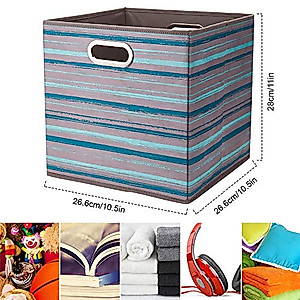 Teal Collapsible Cube Storage Bins 10.5x10.5 x 11 in Foldable Gray Fabric Organizer Bins Storage Cubes Cloth Storage Inserts Drawer Cube Storage Boxes Folding Beach Storage Baskets,QY-SC12-3