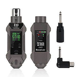 XTUGA C-977 UHF Wireless XLR Transmitter and Receiver& Wireless Guitar Transmitter Receiver,Rechargeable Mic Adapter 16 Channels 164ft Range for Dynamic Microphone,Audio Mixer,Electric Guitar Bass