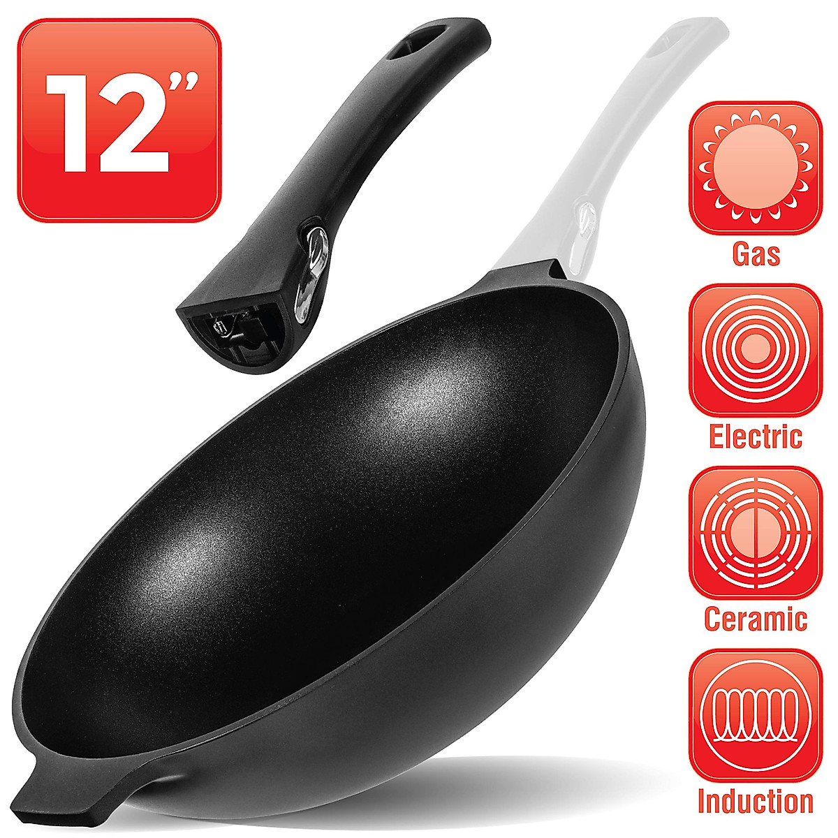 dokaworld Aluminum Nonstick Wok 12 in - Woks and stir fry pans - Non-stick Wok - Wok Pan Detachable Handle - Large Cooking Wok Frying Pan - Flat Bottom Wok - Induction Wok - Stir Fry Wok