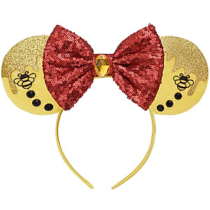 Eisyaa Yellow Winnie Minnie Ears Red Bow Headband, Sparkle Mouse Ears Headbands, Sequin Mice Ears Headband Princess Decoration Cosplay Costume (Winnie/Yellow)