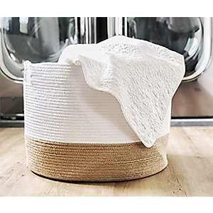 Chloe and Cotton XXXL Extra Large Woven Rope Storage Basket 15 x 21 inch Jute White Handles | Decorative Laundry Clothes Hamper, Blanket, Towel, Baby Nursery Diaper, Toy Bin Cute Collapsible Organizer
