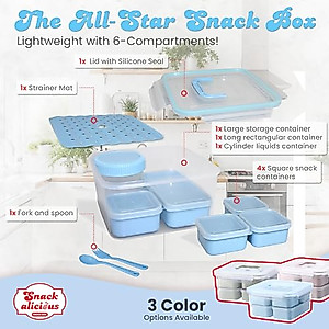 Snackalicious Snackle Box Container | Snack Containers, 6 Inner Snack Box Containers, Leak Proof Silicone Seal Snack Box With Handle, 4-way Lock, and Fork & Spoon, Snackle Box Container
