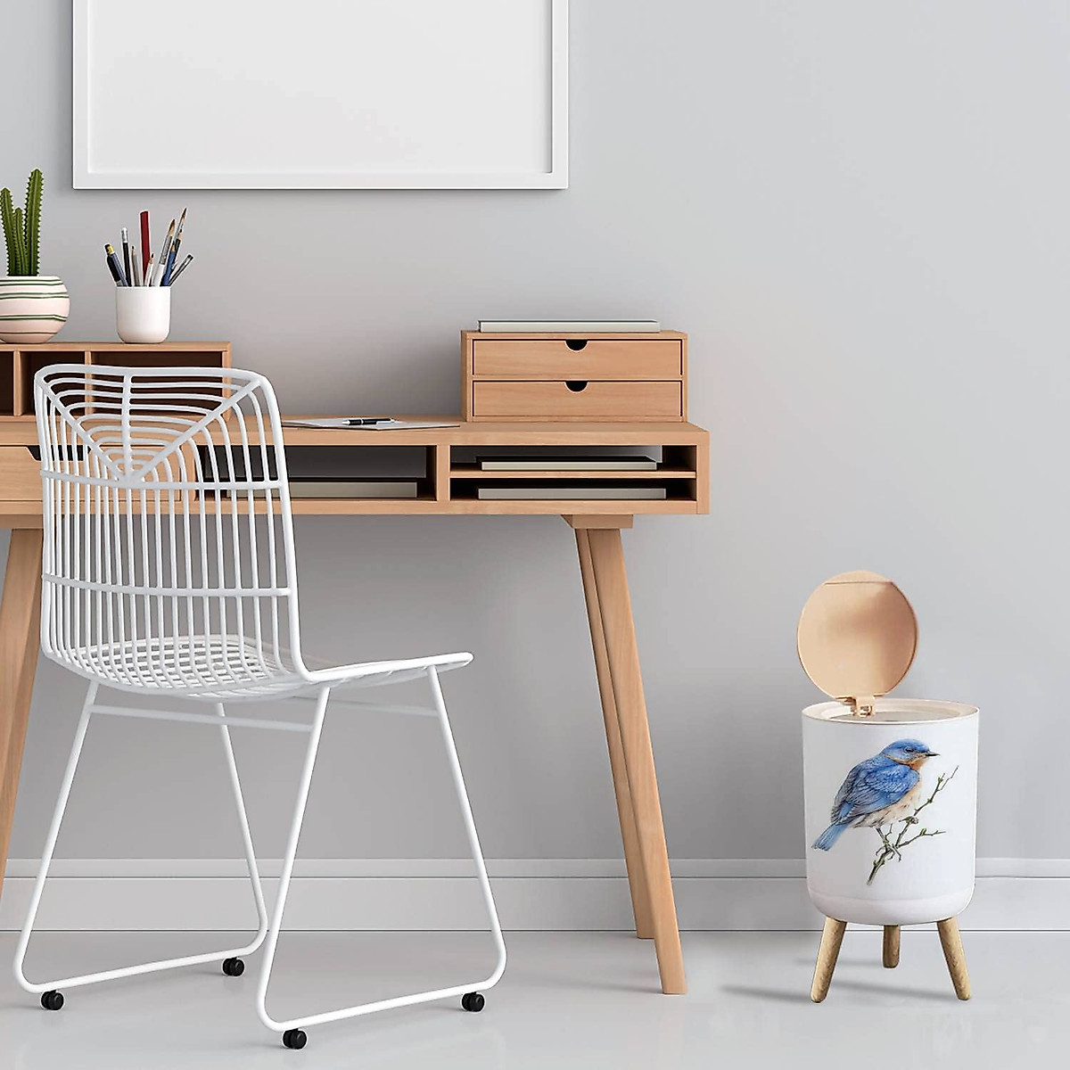 Small Trash Can with Lid Bluebird sitting on a branch watercolor Eastern sialia small songbird 7 Liter Round Garbage Can Elasticity Press Cover Lid Wastebasket for Kitchen Bathroom Office 1.8 Gallon