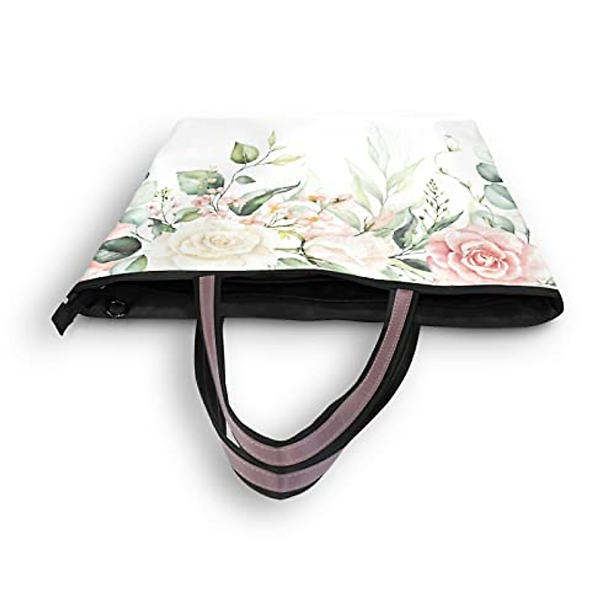 Bolaz Tote Bag with Zipper Women Pink & White Rose Flower Floral Handbags Pockets Shoulder Bag Work Large Office
