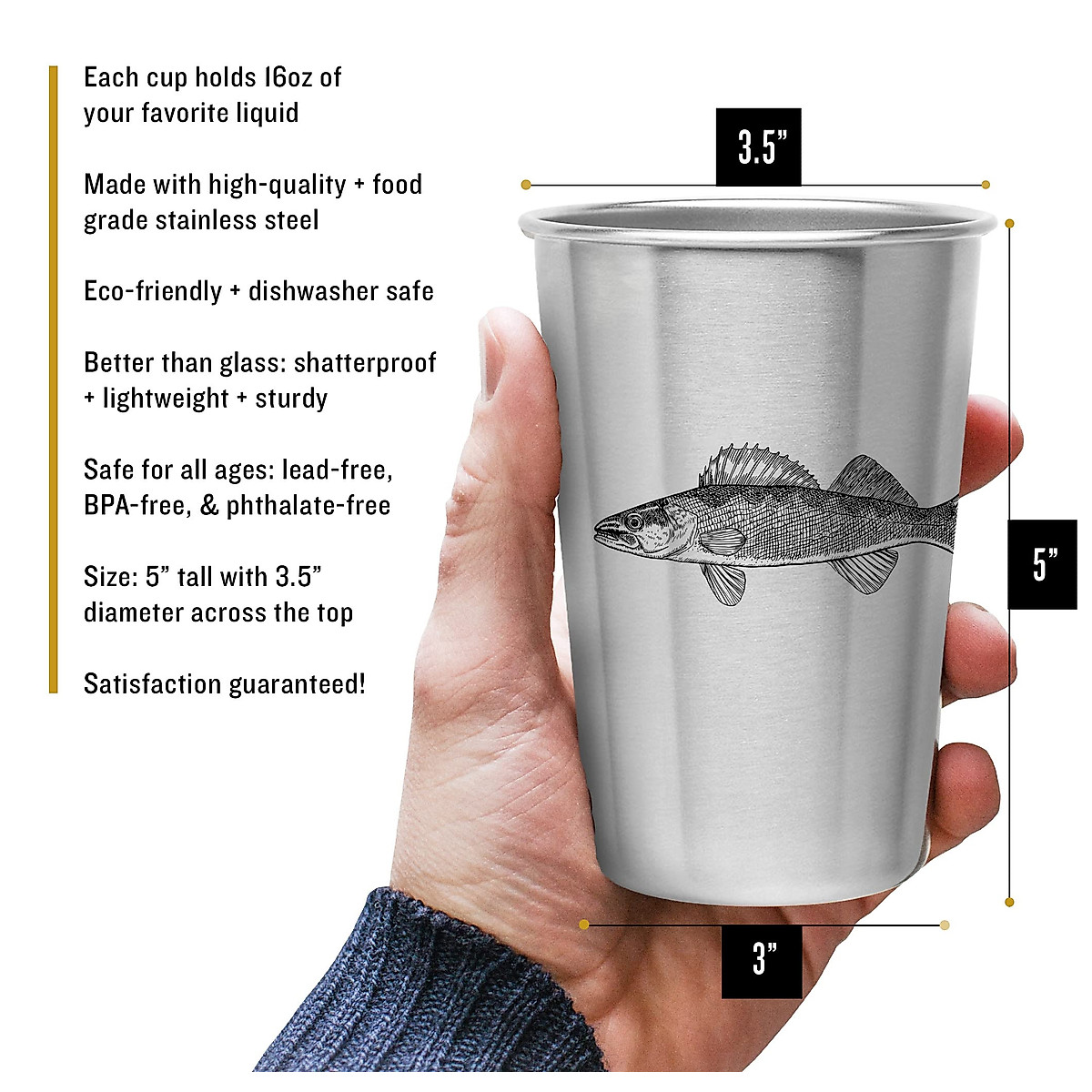 Freshwater Fish (Set of 4) Stainless Steel Pint Cups - Unique Gift for Guys - Tumblers for Home, Travel, Camping, Camper, Office, A Birthday Gift For Men - Durable Glasses or Mugs