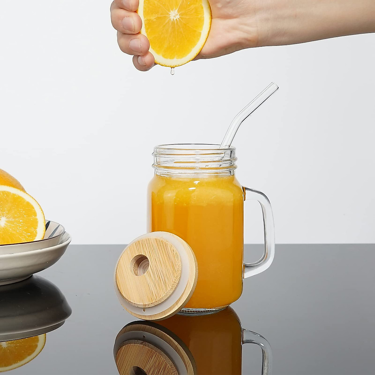 Mason Jars with Handle, Mason Jars Glass Cups with Bamboo Lid , Colorful Airtight Lids & Straws, 16 oz Reusable Boba Bottle, Iced Coffee Cup, Travel Tumbler for Bubble Tea, Smoothie, Juice - 4 Pack