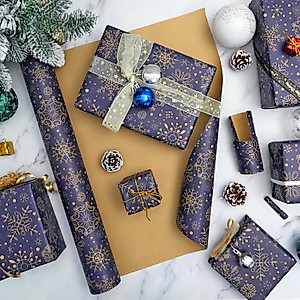 MAMUNU Christmas Wrapping Paper Roll, Navy Blue and Brown Kraft Gift Wrapping Paper Jumbo Roll, Snowflake Recycle Christmas Wrapping Paper for Gift Wrapping Arts Crafts Decorations, 17x590 Inch.