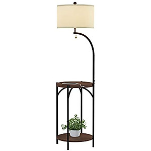 MDYBF Floor Lamp with Table, Modern Rustic Side Table with USB Charging Port, LED Bulb and Drum Shade. (Dark Brown, Black and Off-White)