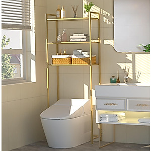 Homhedy Over The Toilet Storage, Metal 3-Tier Over-The-Toilet Bathroom Organizer Rack, Tempered Glass Shelves, Space-Saving, for Bathroom, Restroom, Laundry, Modern Style, Golden