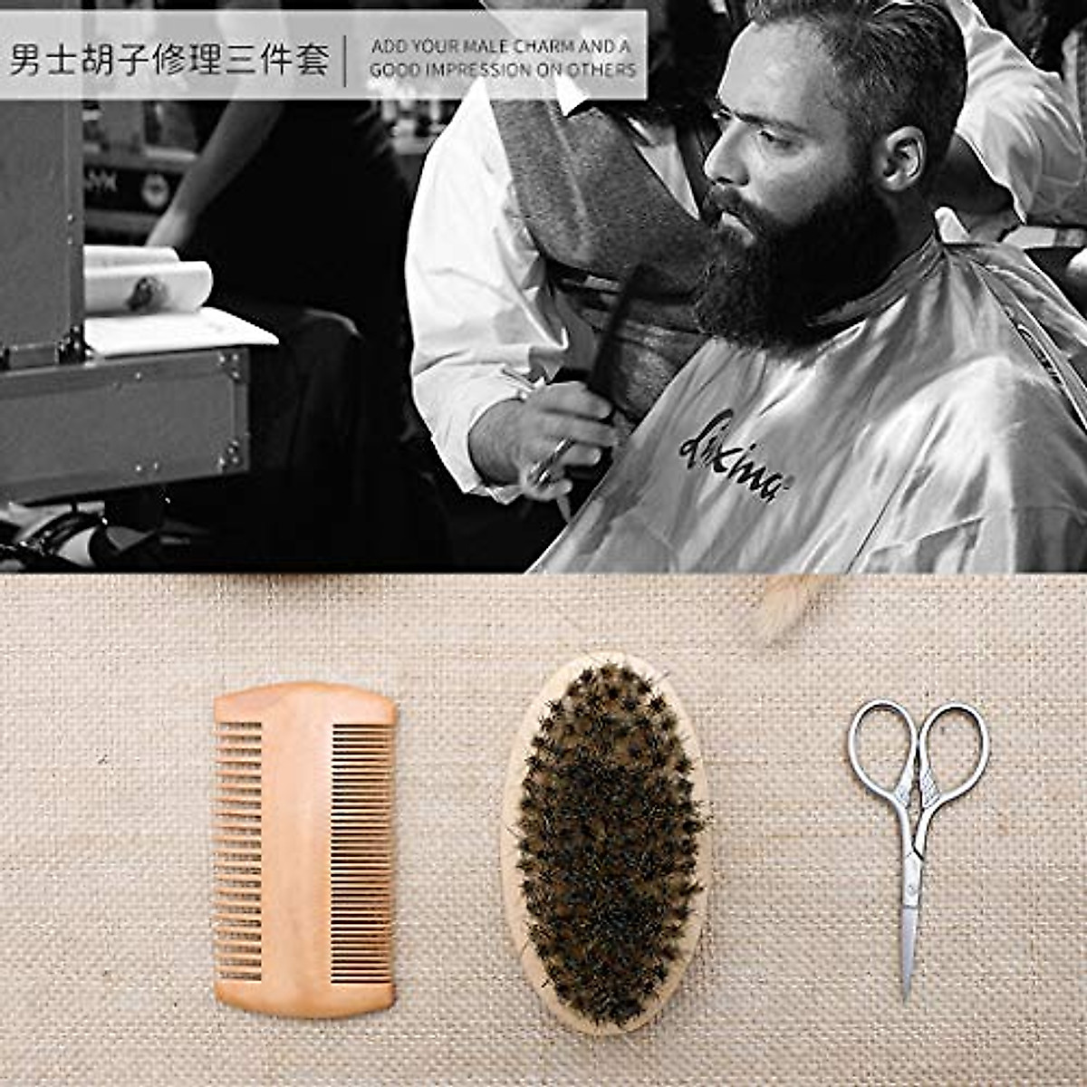 Hair Dough Beard Brush & Comb, Scissors Set for Men, Set Includes Soft Boar Bristle Brush, Bamboo Wide Tooth Comb, and Mustache Trimming Scissors, Straighten & Soften Your Beard