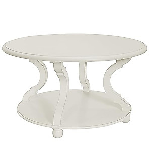 FINECASA Wood Coffee Table,Round Coffee Table Living Room, Round Cocktail Table with Storage, Sofa Table with Shelf, 31.0x18.3 Inches, Accent Tables with Carved Legs for Living Room, White