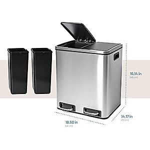 AWENN - Dual Kitchen Garbage Trash Can with Lid and Pedal - Touchless Round Shape Waste Bin - Stainless Steel Dustbin for Kitchen, Bathroom, Office and Outdoors – Black (7.9 Gallon – 30 Liters)