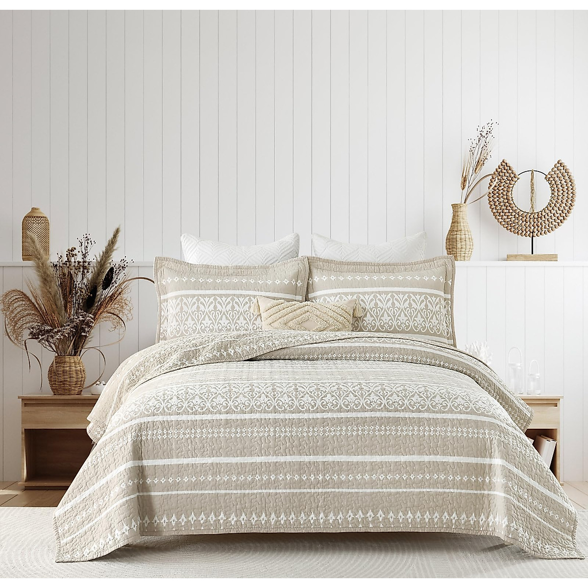 BCOTTOND King Quilt Set, 100% Cotton Boho Quilt King Size Bohemian Striped Pattern Bedspread King Lightweight Quilt Bedding Set Comforter Set All Season Beige Tan White 3 Piece